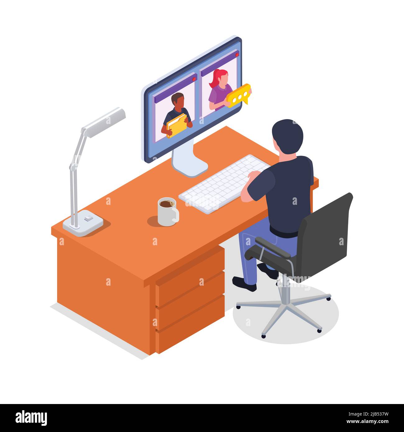 Isometric concept of remote management with male character working ...