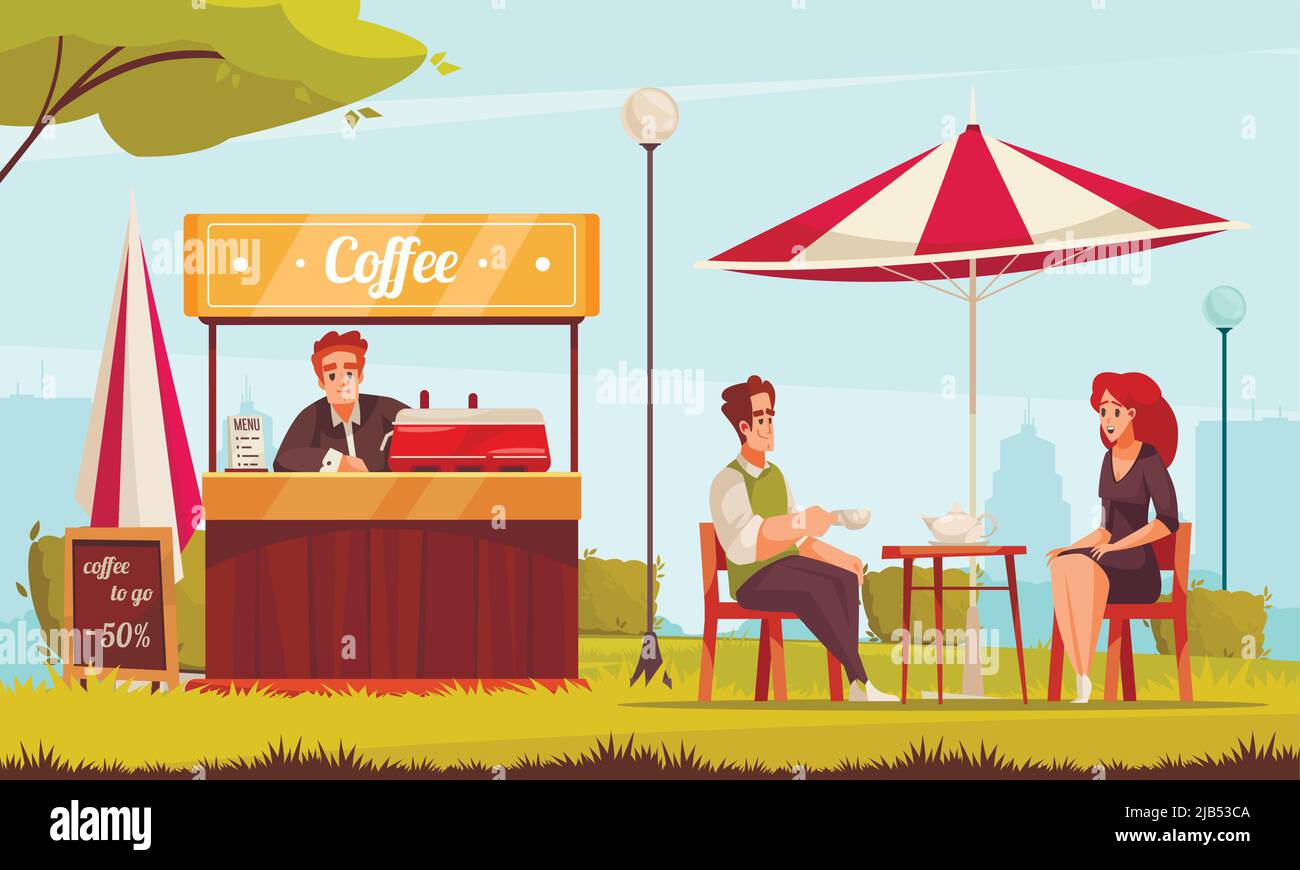 Restaurant patio street cafe coffee counter service cartoon composition ...