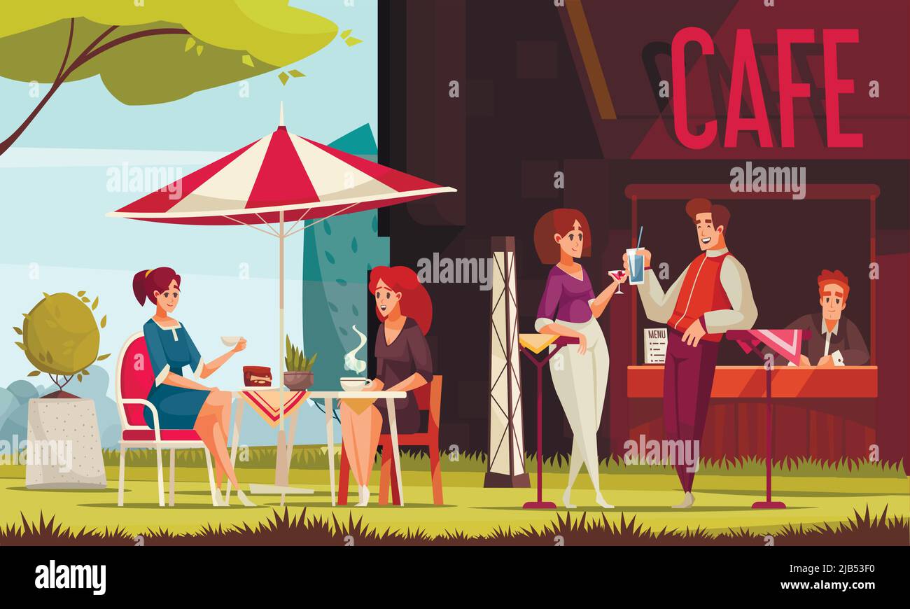 Restaurant patio outdoor area street cafe service counter visitors ...