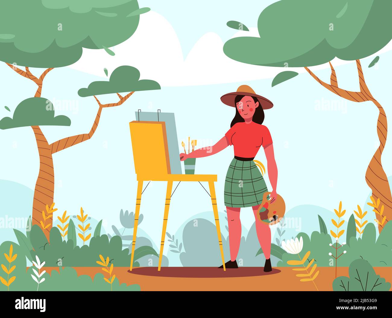 Creative artist background with painter and landscape symbols flat ...