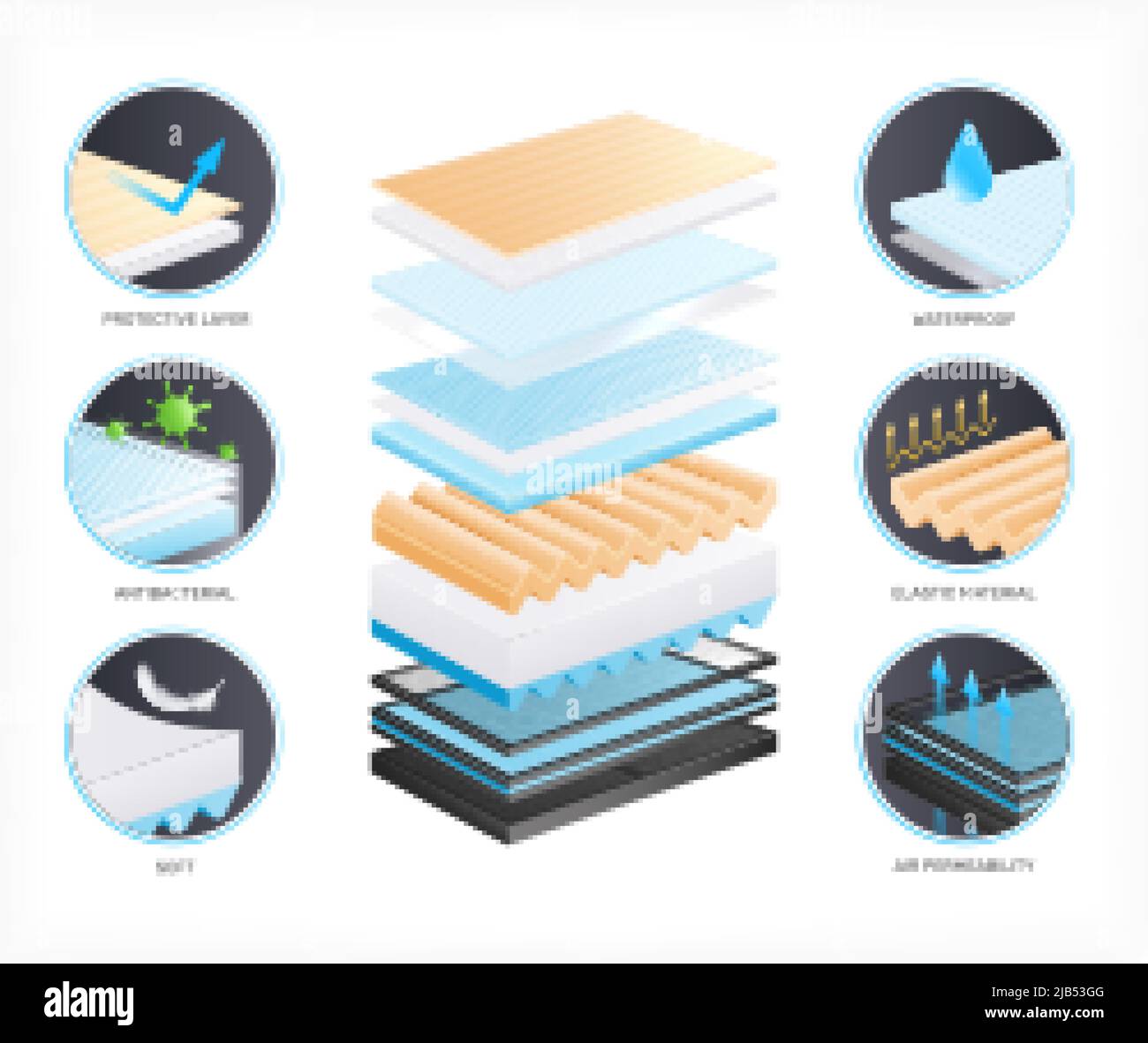 Layered materials realistic composition with round icons of different ...