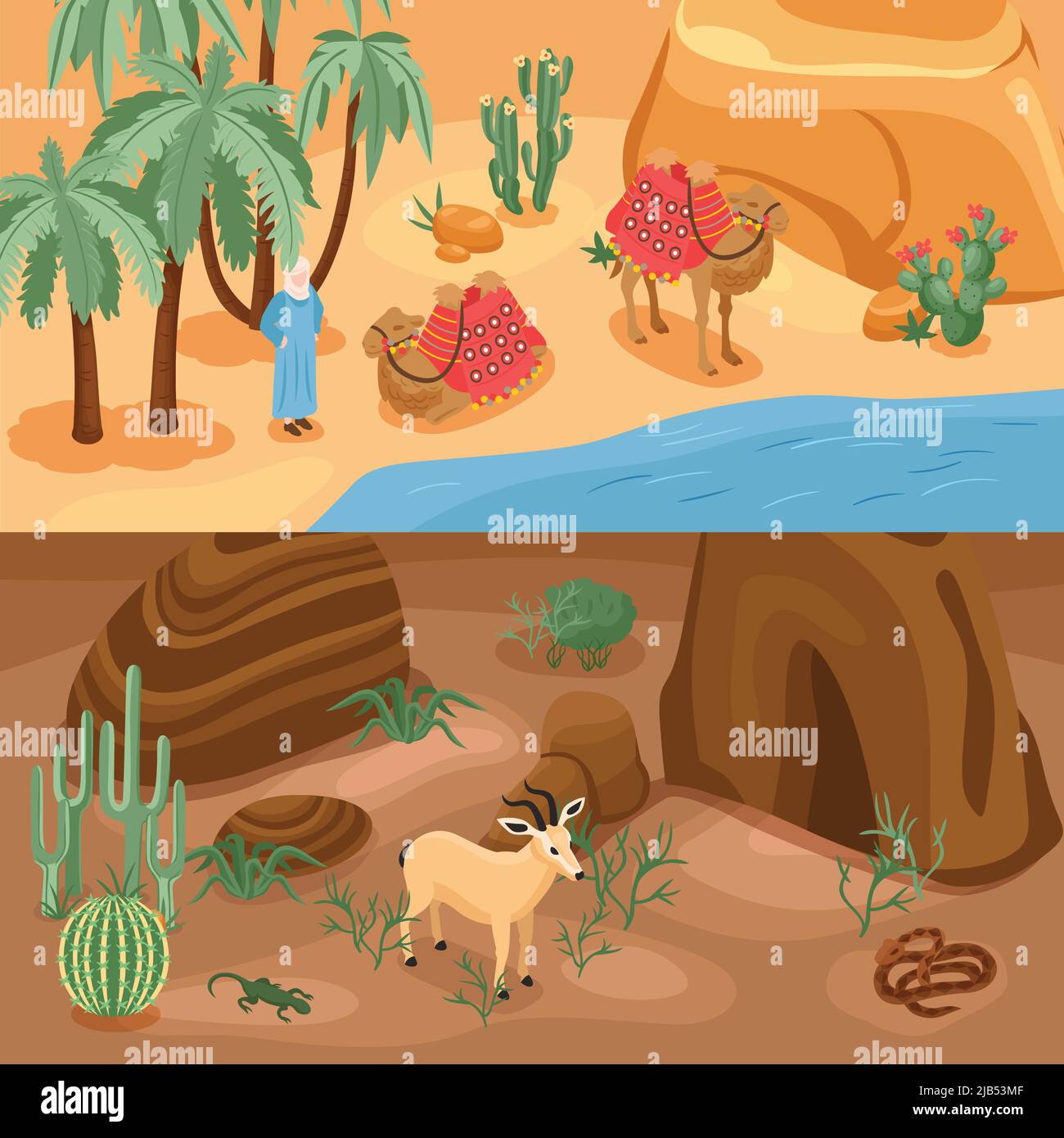 Desert horizontal banners set with camel and oasis isolated isometric vector illustration Stock ...