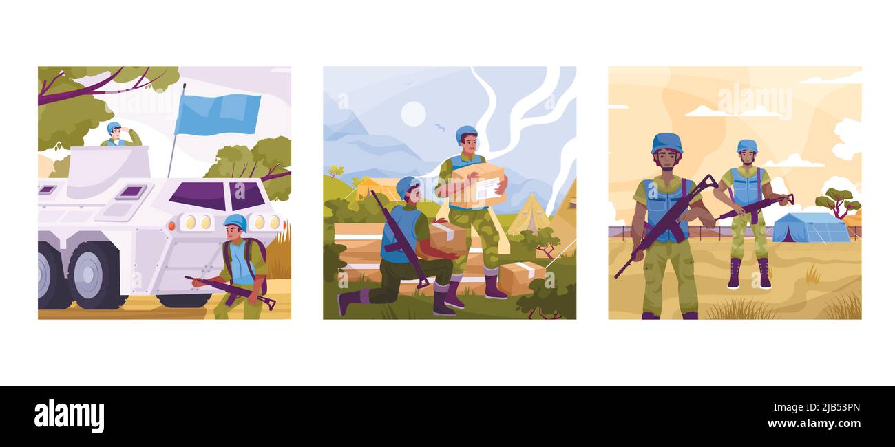 Peacekeepers colored flat icon set with food and security for civilians ...