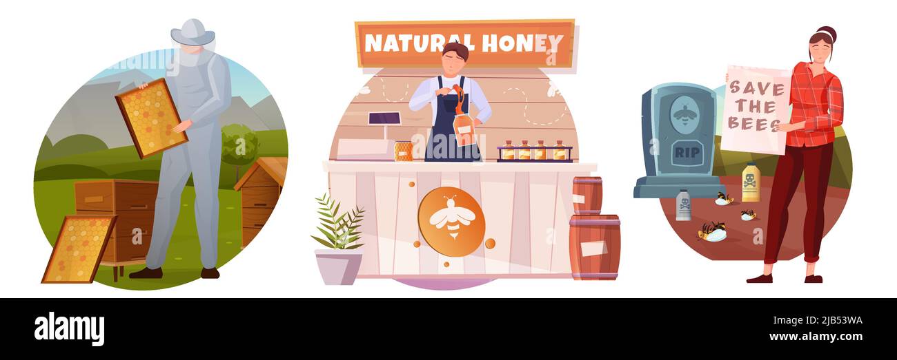 Beekeeping flat compositions with people protecting bees collecting and ...