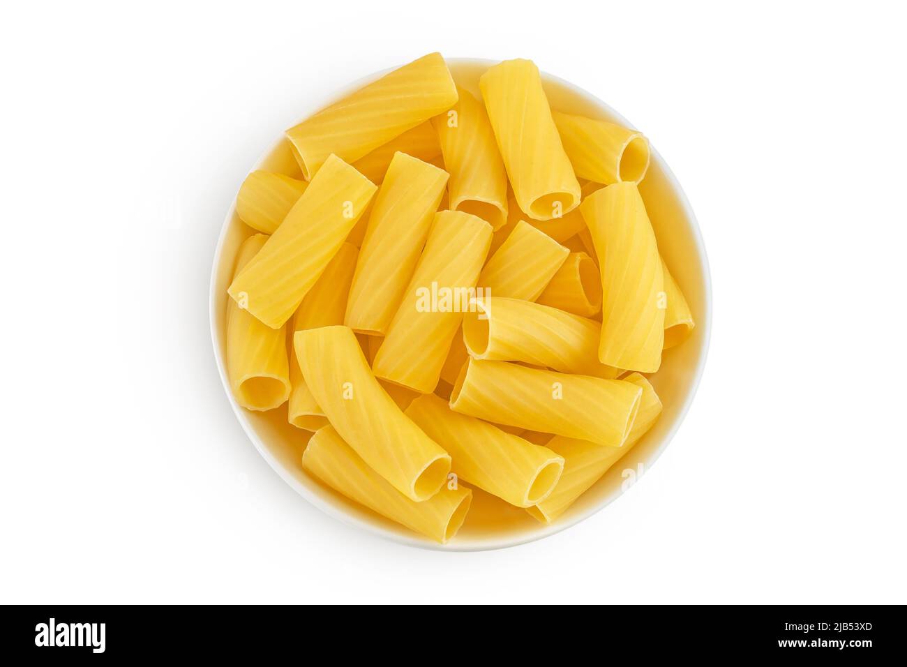 raw italian Rigatoni pasta in ceramic bowl isolated on white background ...