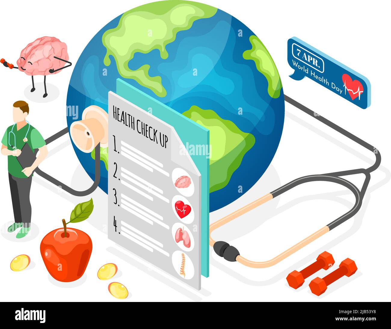 World health day isometric composition with character of doctor earth ...