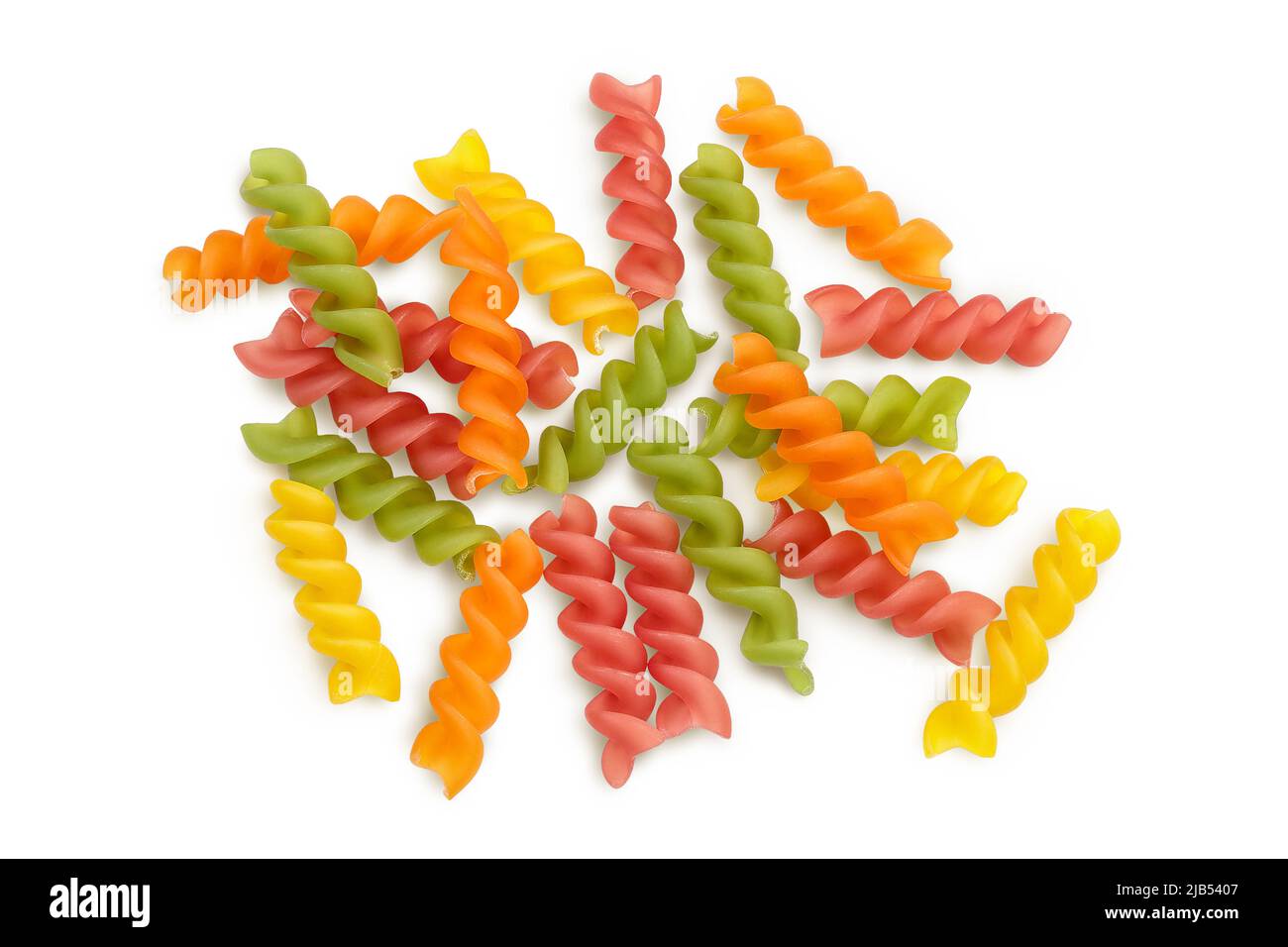 raw Fusilli colored pasta, isolated on white background with full depth ...