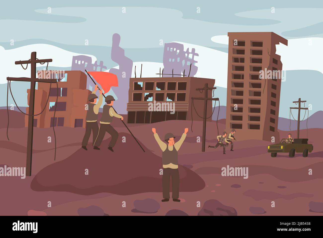 War victory composition with the military puts up a red flag as a sign ...