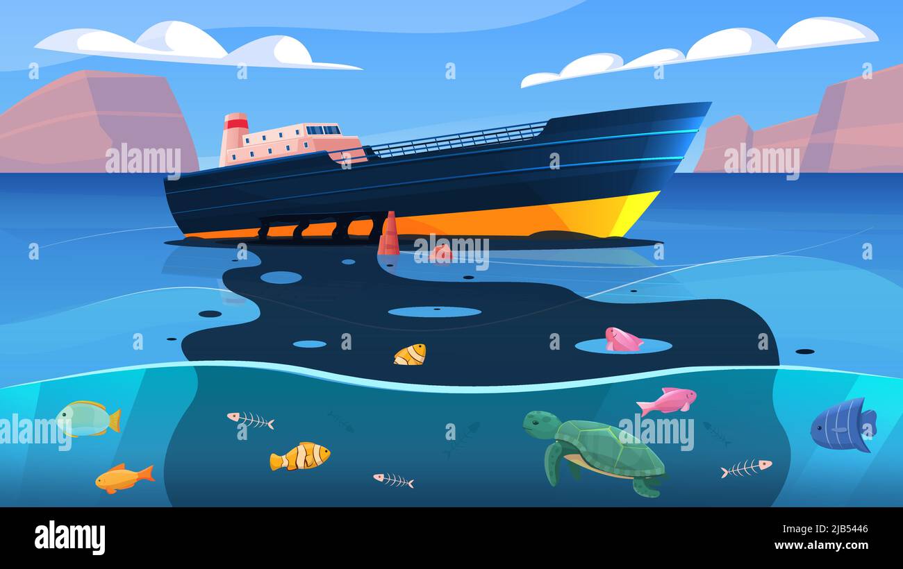 Oil spill eco accident on tanker floating in ocean flat colored ...