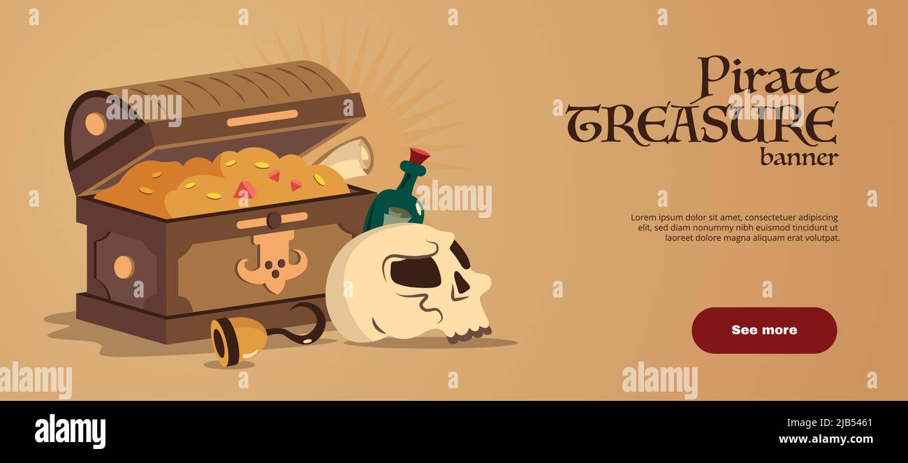 Pirate treasure horizontal banner wooden chest full of gold coins and ...