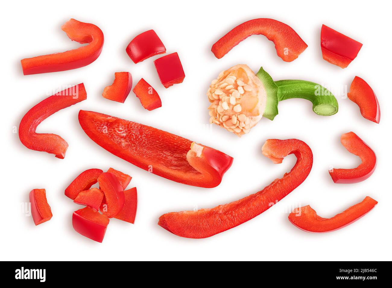 slices of red sweet bell pepper isolated on white background. Top view ...