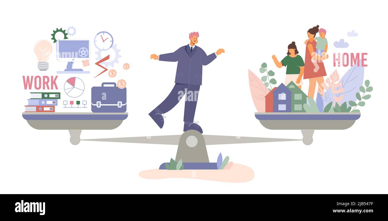 Family vs work composition with doodle character of man standing on ...