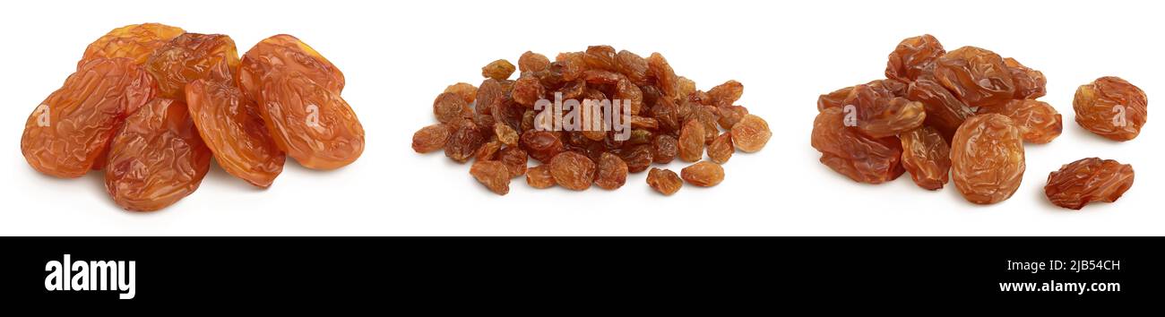 Brown raisin isolated on white background. Top view. Flat lay. Set or ...