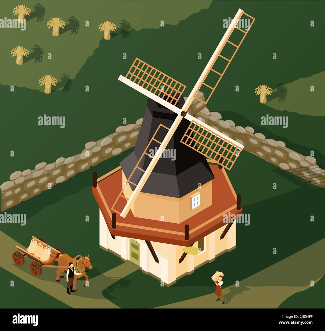 Smock mill in countryside isometric view with local farmer bringing ...