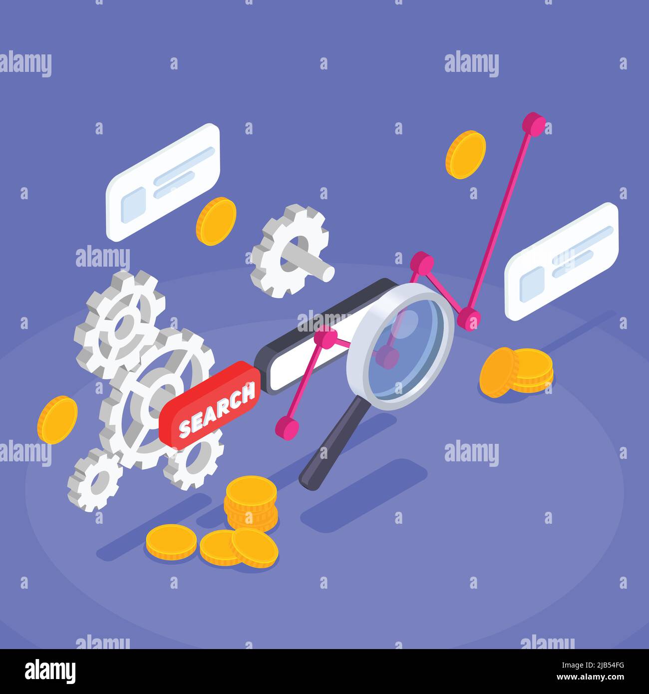 Isometric app optimization colorful concept with search bar magnifying ...