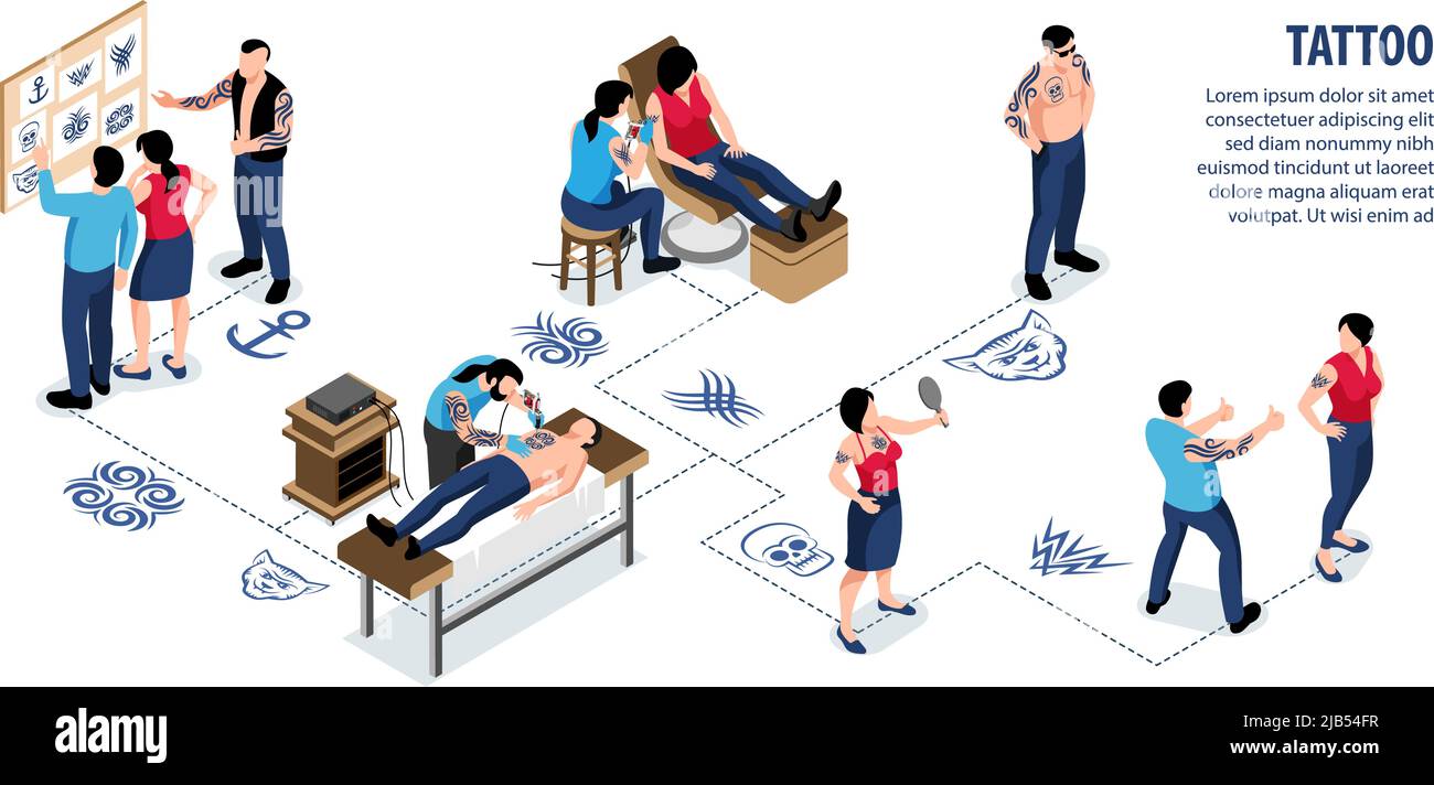 Tattoo isometric infographics with clients choosing design style and ...