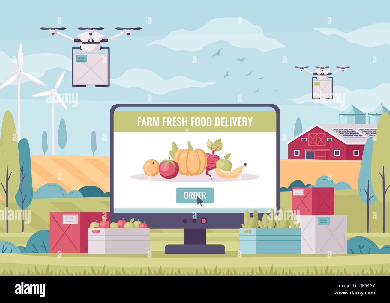 Smart farming cartoon composition with outdoor landscape and computer ...