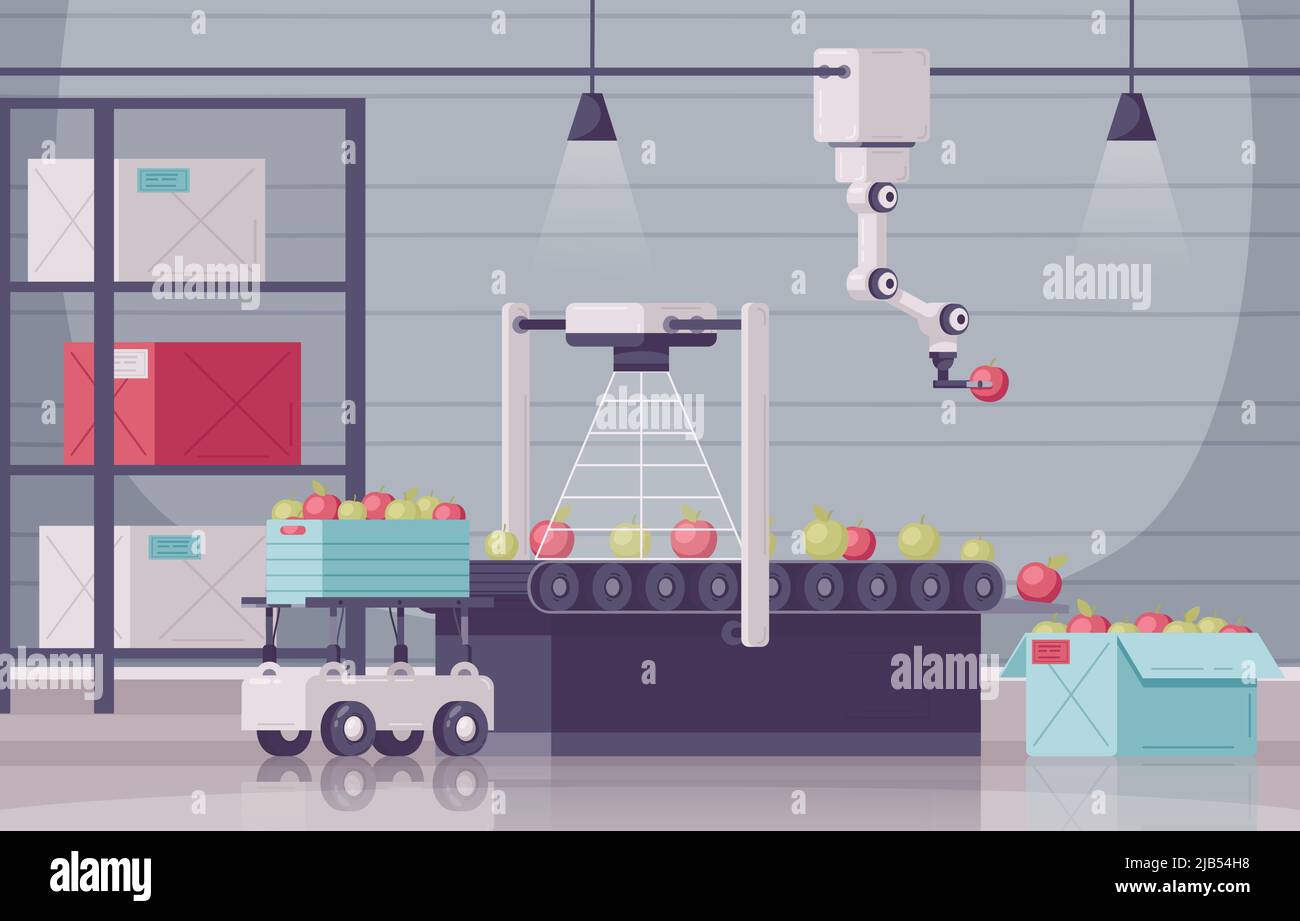 Smart farming cartoon composition with indoor scenery automated cart ...