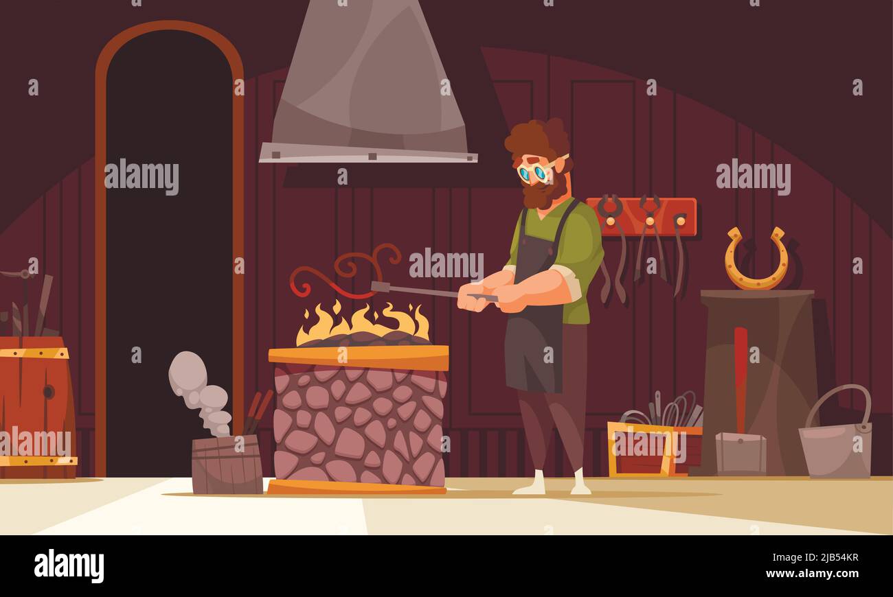 Blacksmith heating up ornamental iron curved piece in coal forge fire ...