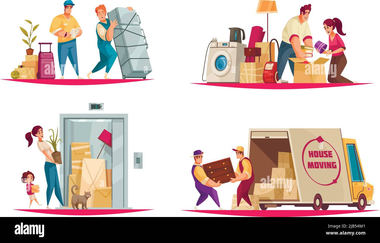 House moving service concept 4 cartoon compositions with movers packers ...