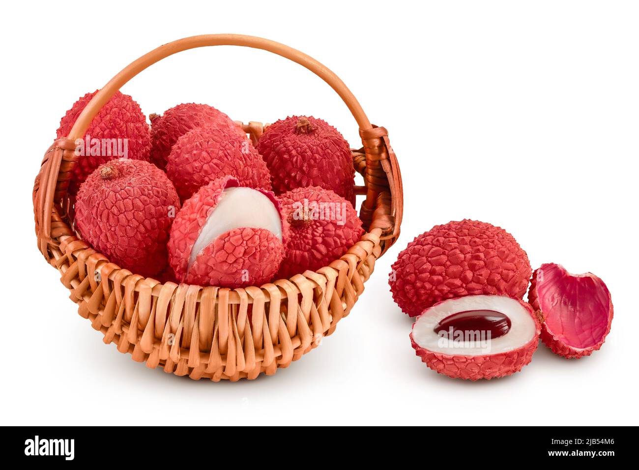 lychee fruit in wicker basket isolated on white background with full ...