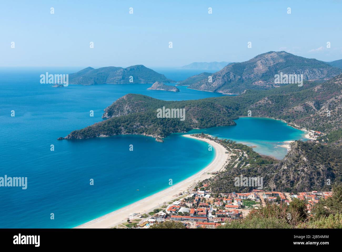 Panoramic aerial view of blue lagoon and sand beach in Oludeniz ...