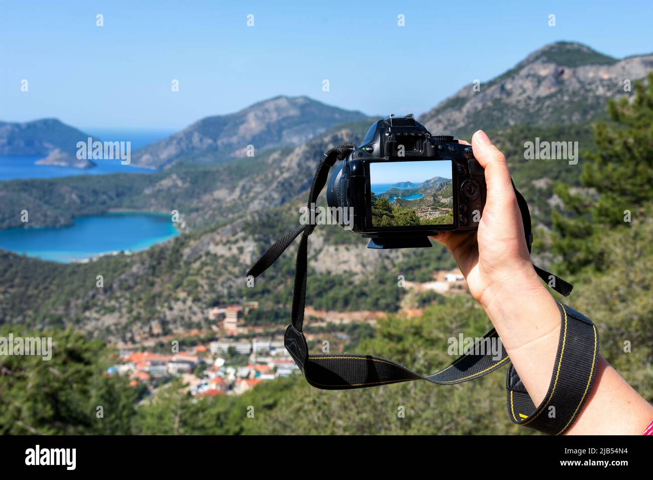 Panoramic aerial view of blue lagoon and sand beach in Oludeniz ...