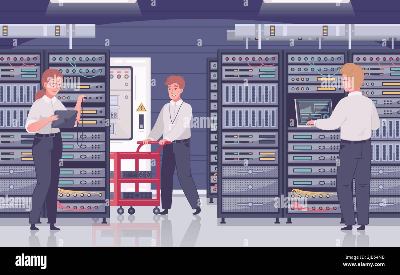 Datacenter cartoon composition with indoor view of room with server ...