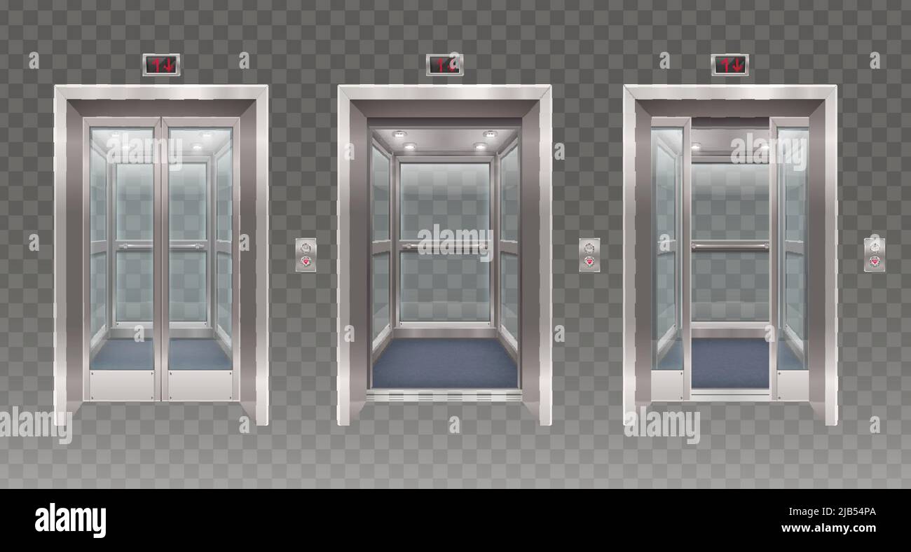 Set of three isolated elevator door realistic images with glass doors ...