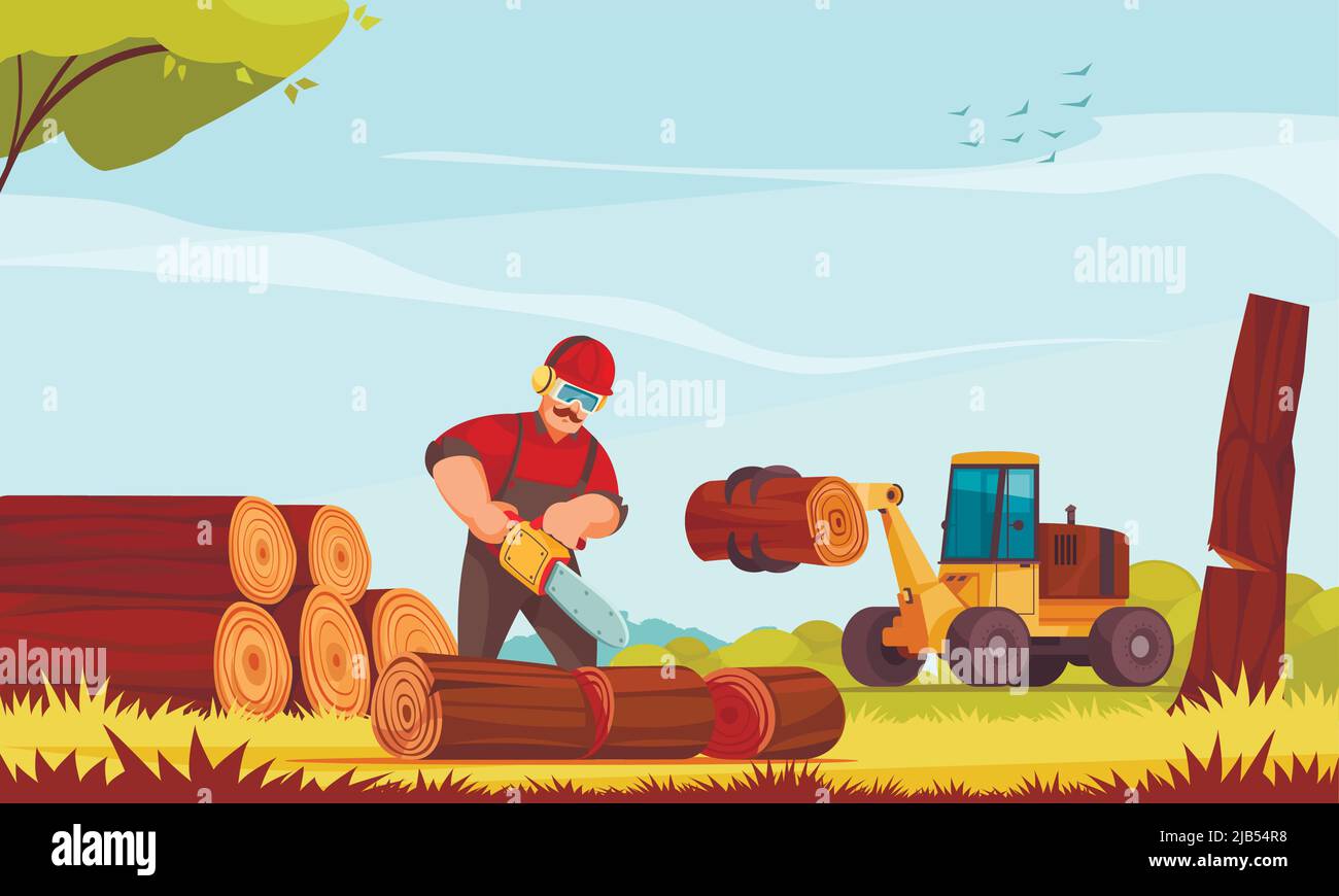 Lumberjack at work sawing tree trunk with electric saw logging ...