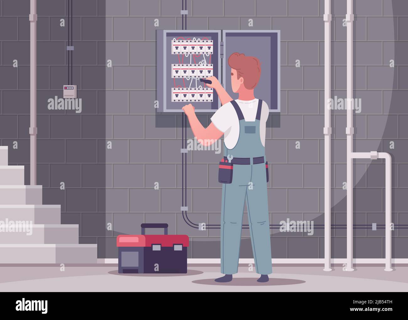 Electrician cartoon composition with indoor view of staircase and man ...