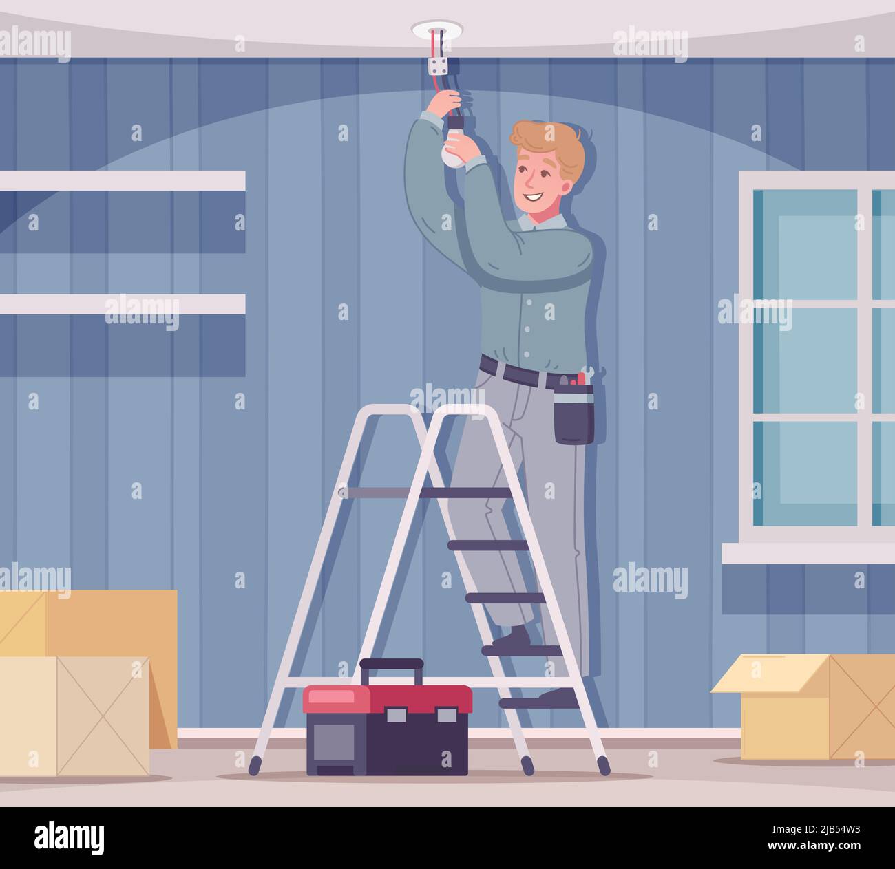 Electrician cartoon composition with home living room scenery and ...