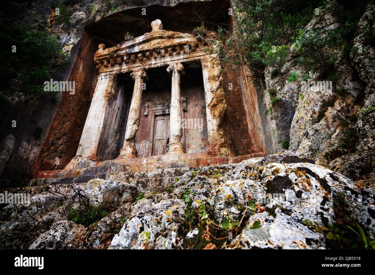 Lycian tombs in the Turkish city of Fethiye. The tombs of Amintas ...