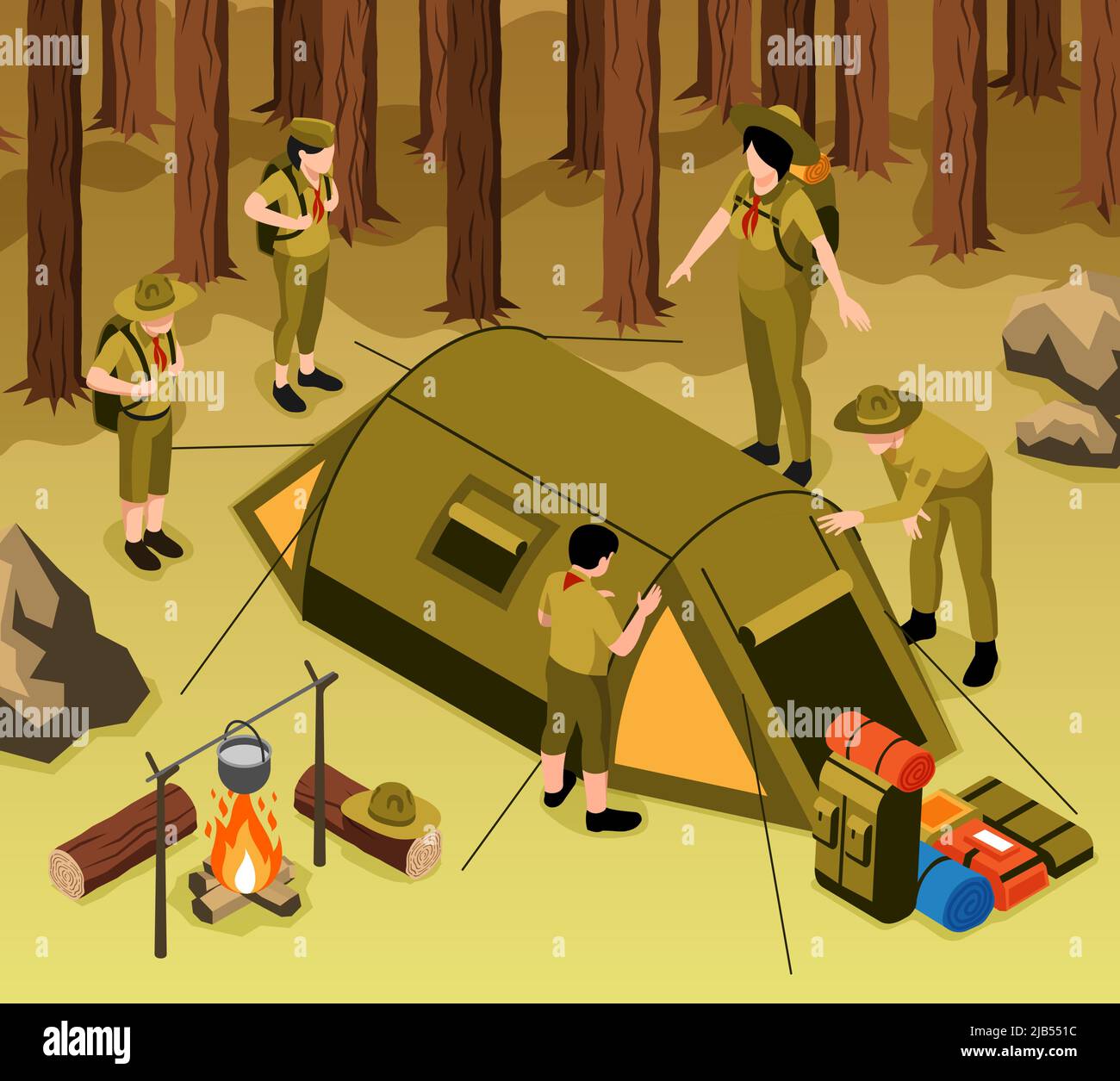Young scouts setting up camp tent in forest for rest stop under ...