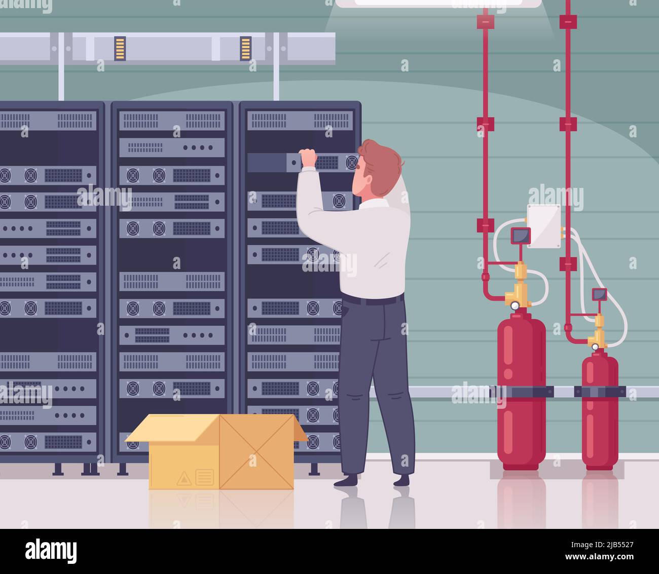 Datacenter cartoon composition with male technician touching server ...
