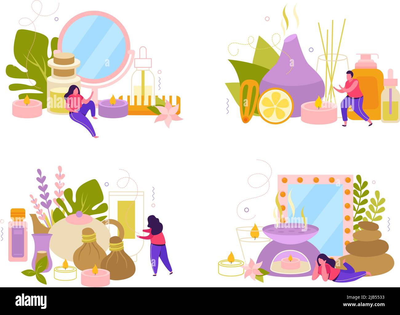 Aromatherapy 2x2 design concept set of flat compositions with ...