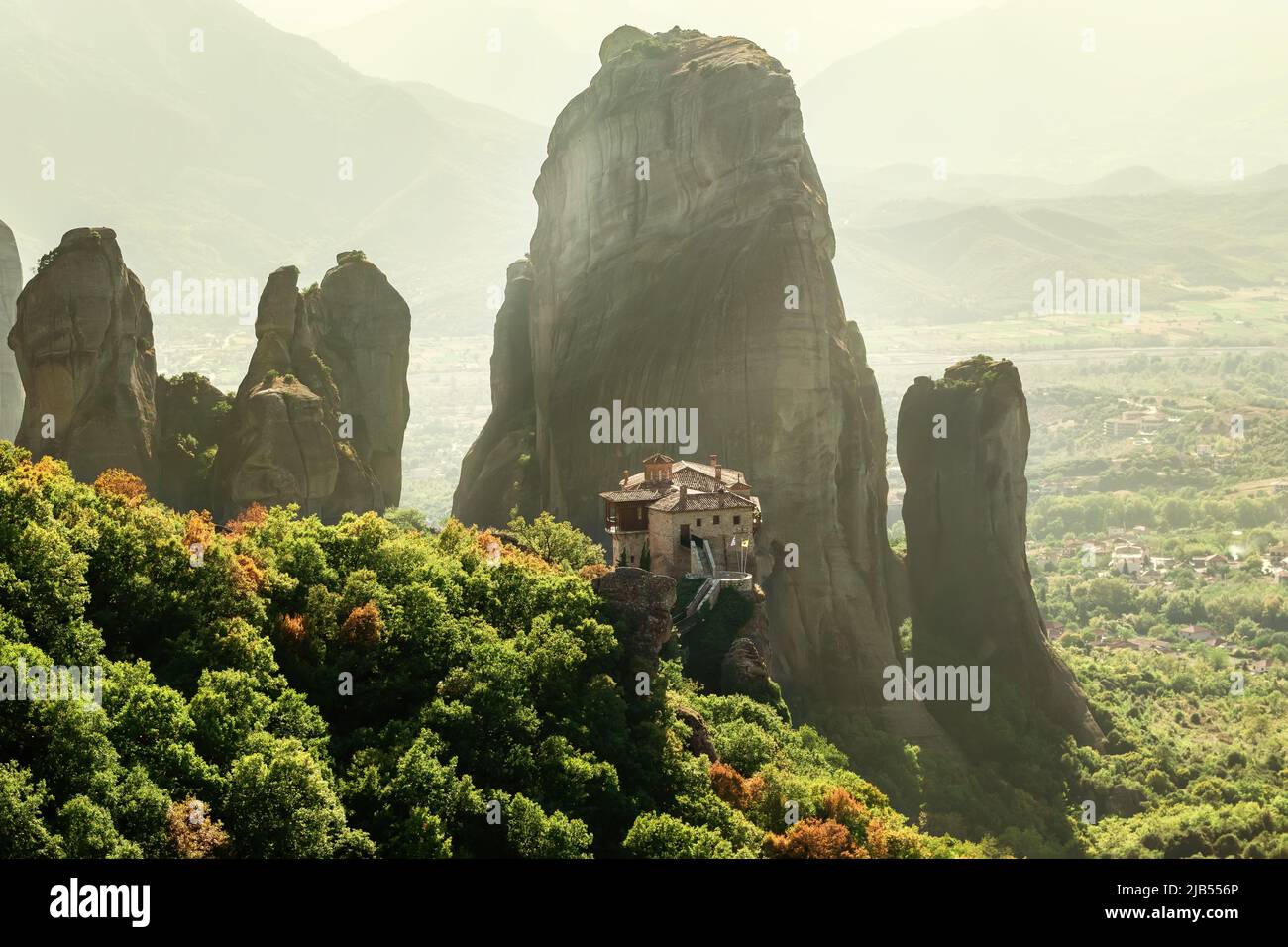 panorama of Meteora orthodox churches on the tops of rocks, monasteries ...