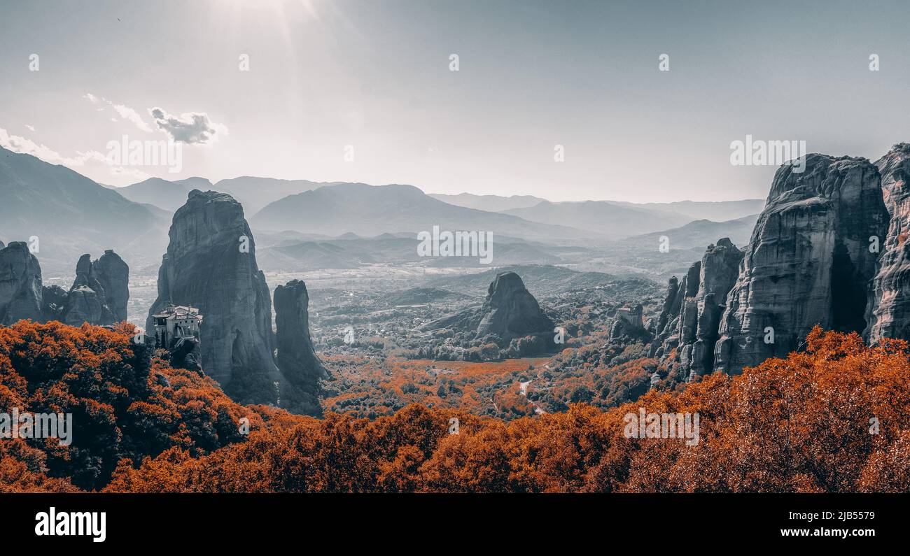 panorama of Meteora orthodox churches on the tops of rocks, monasteries ...
