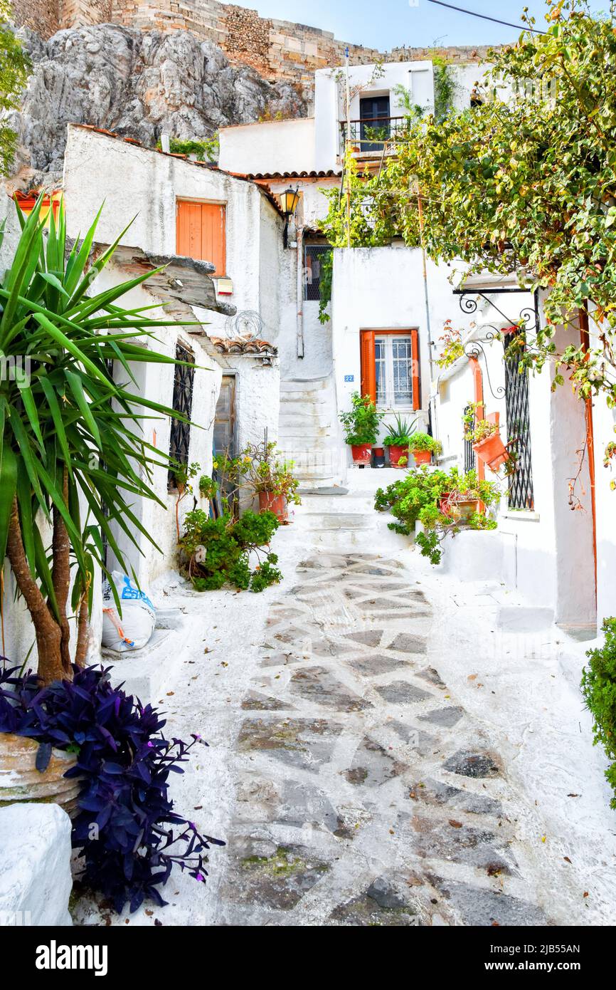 The streets of the ancient district of Athens - Plaka, the narrow old ...