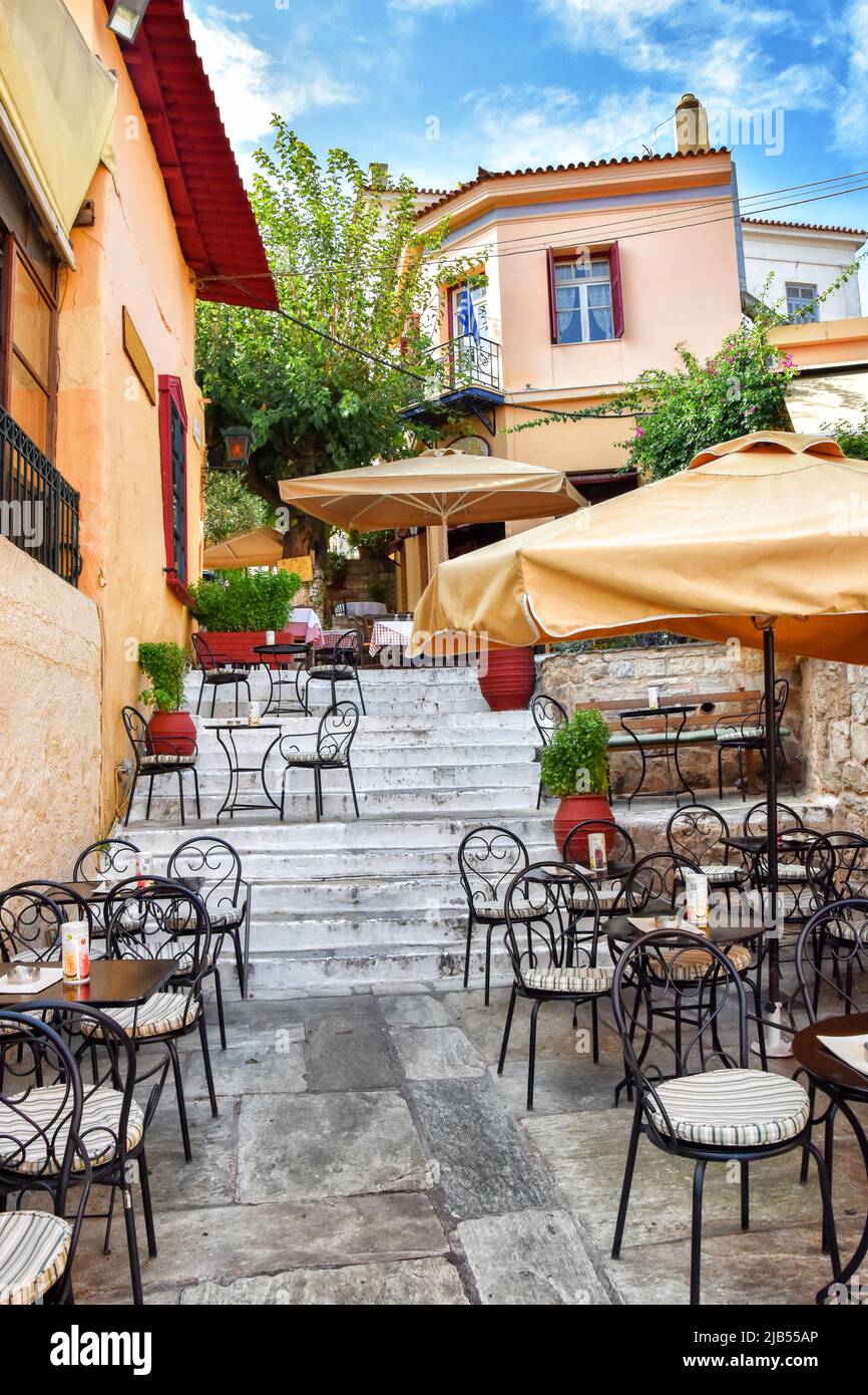 The streets of the ancient district of Athens - Plaka, the narrow old ...