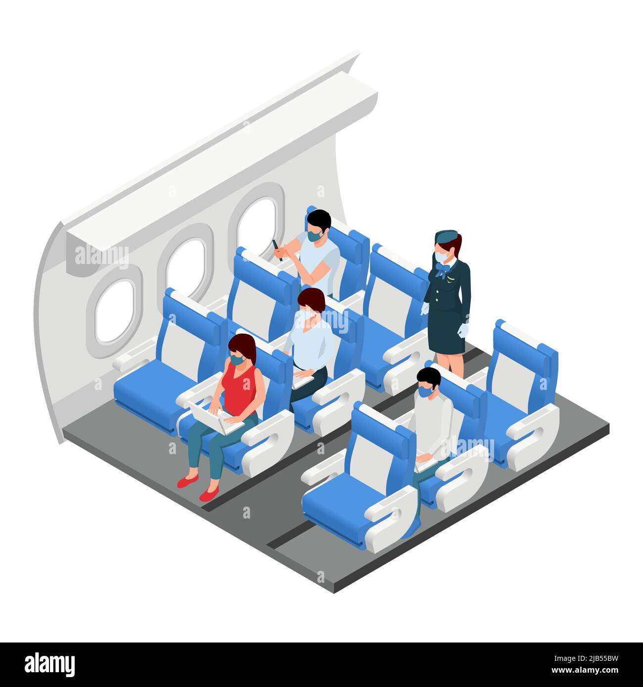 Airplane travel class section interior isometric view with passengers ...