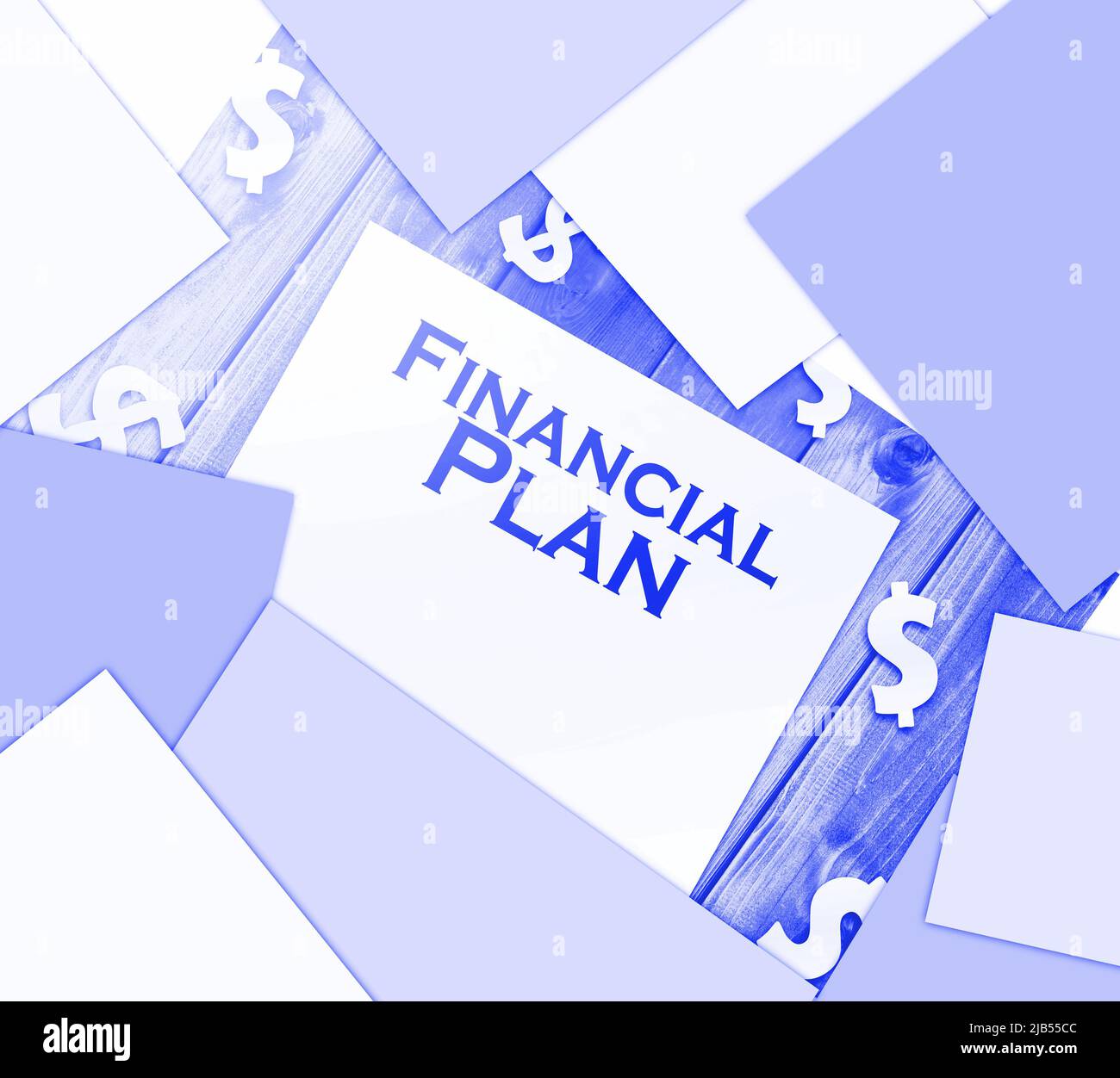 financial plan words on page and paper signs of dollar around. Business ...