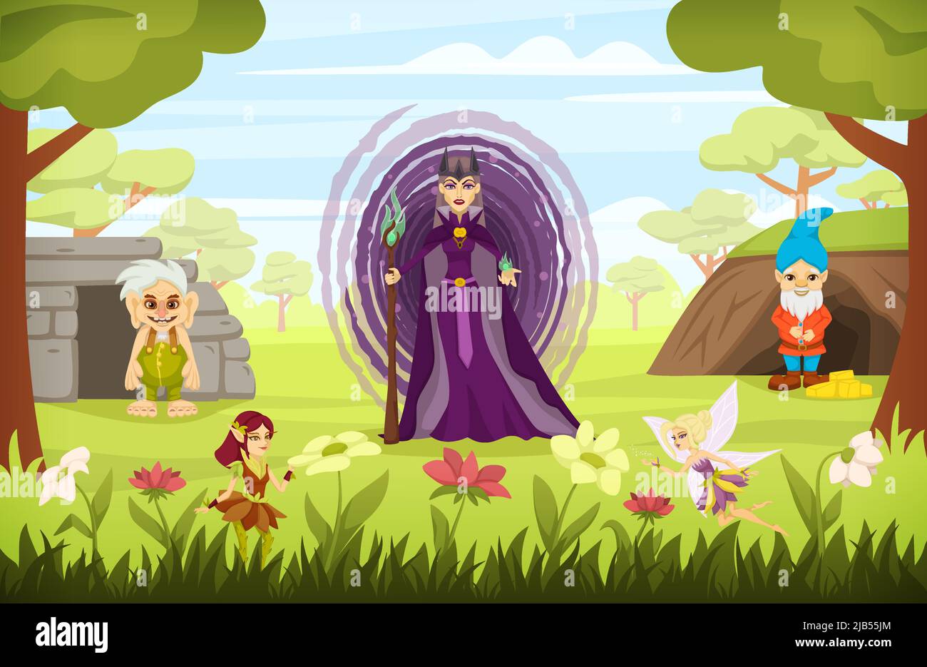 Fairy Tale Characters Cartoon Colored Composition With The Evil