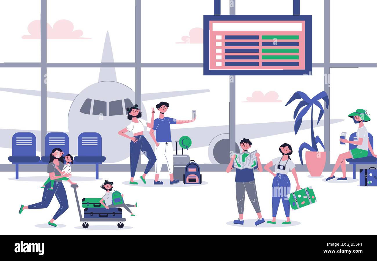 Vacation travel with airport hall interior passengers arrival departure ...