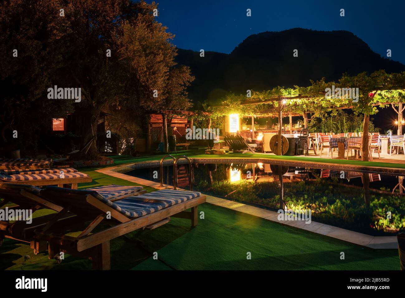 blue swimming pool with light reflections at night Stock Photo - Alamy