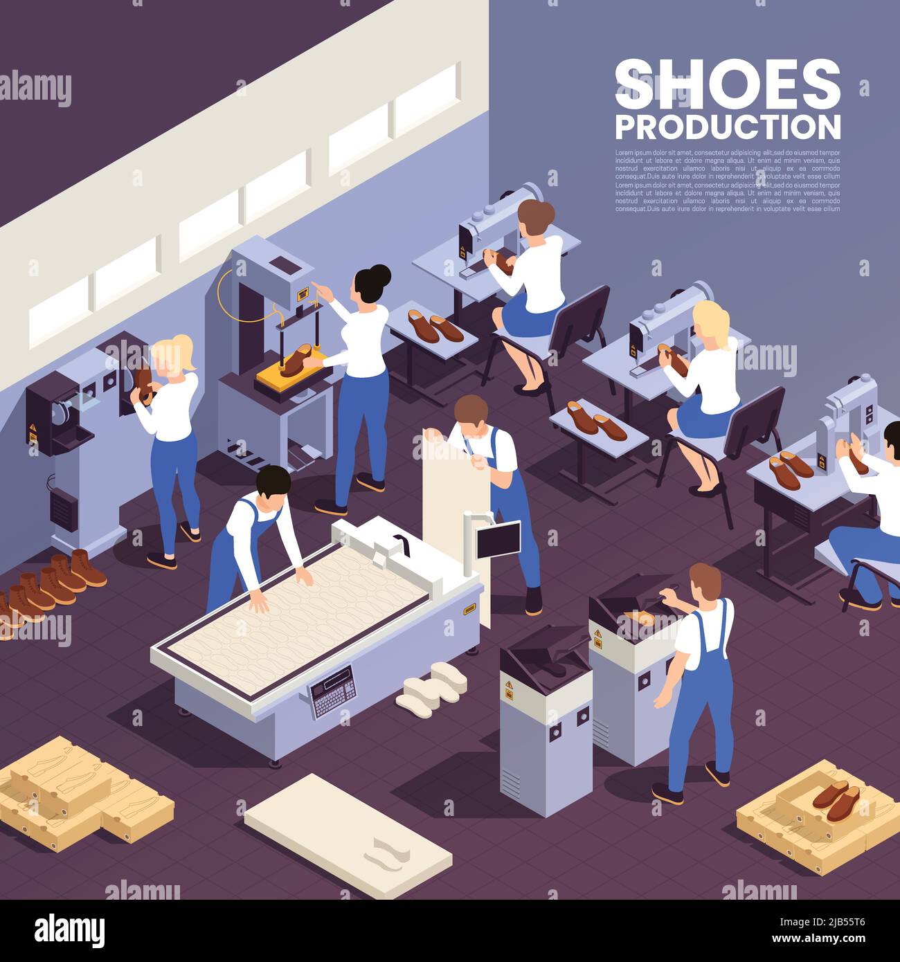 Shoes production background with footwear symbols isometric vector ...