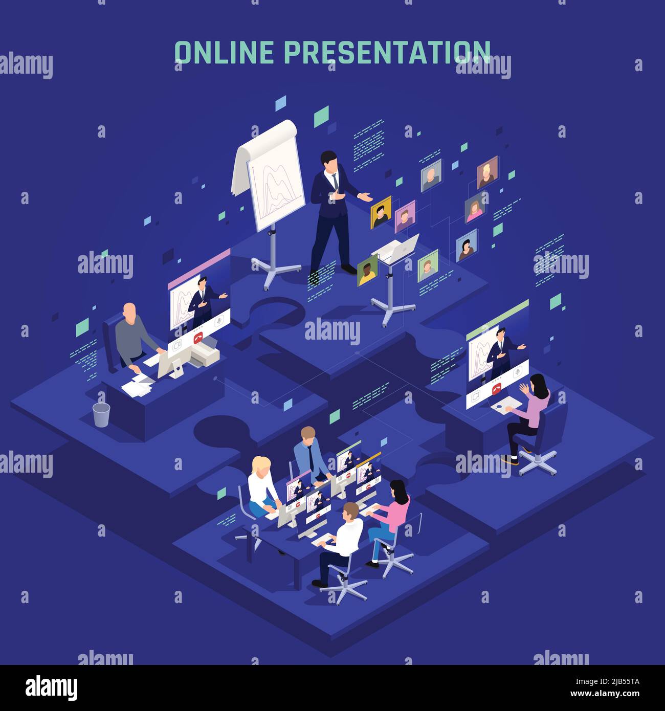 Online presentation concept with remote discussion symbols isometric ...