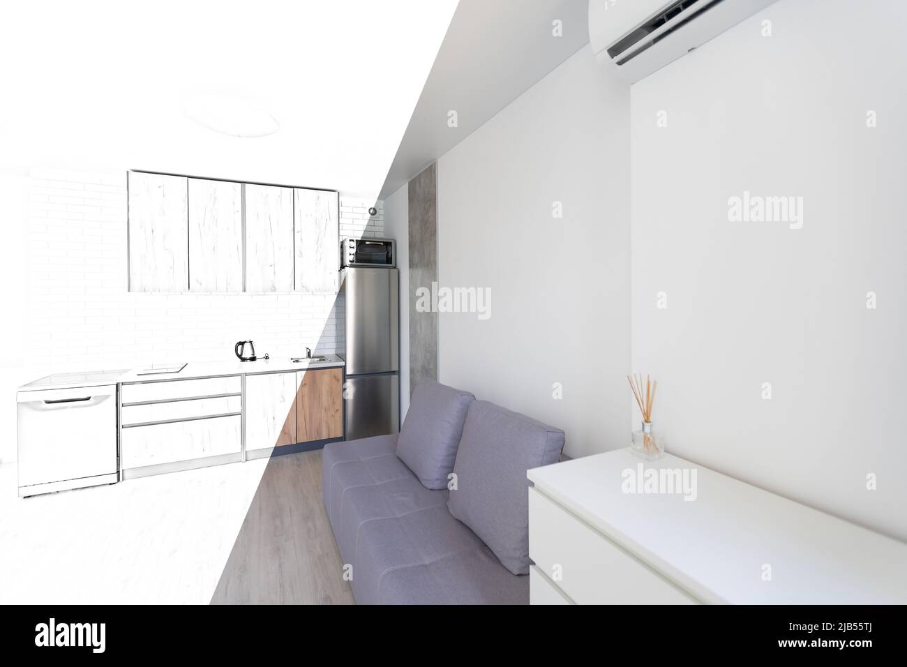 Before and after renovation modern office interior sketch. Repairs ...