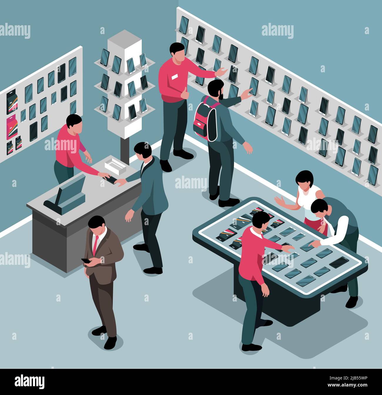 Isometric gadget shop composition with indoor view of electronics store ...