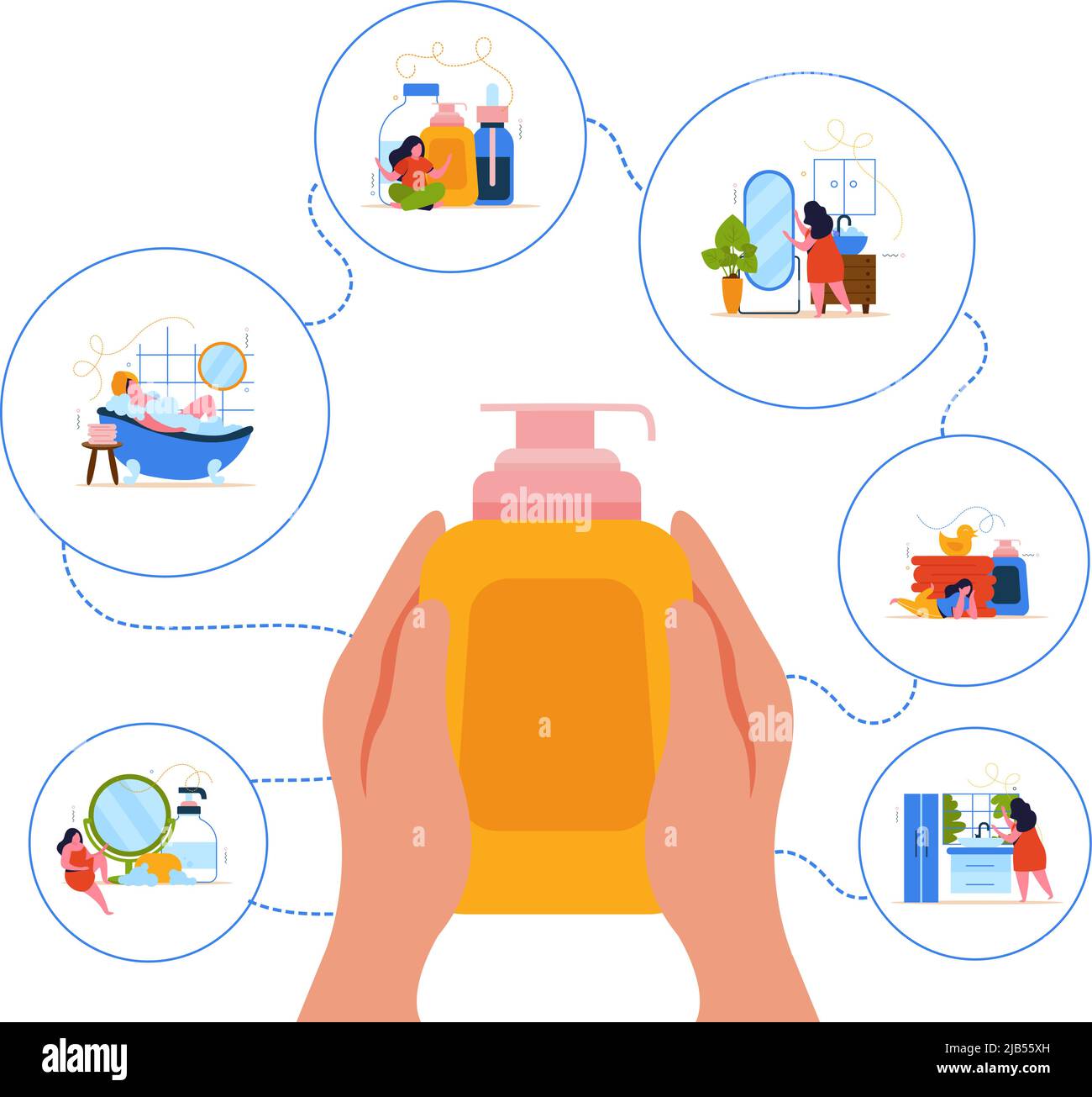 Bath time flat design concept with hygienic round icons around human ...